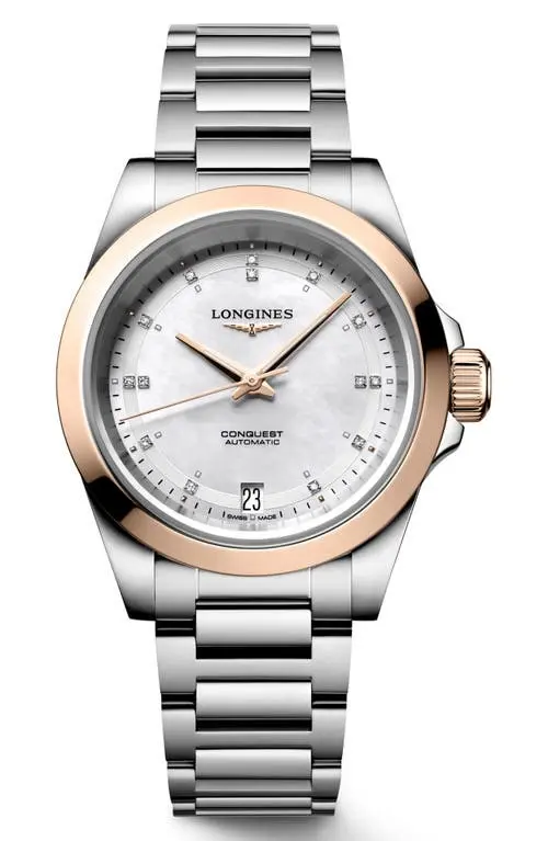 LONGINES Conquest 18k Rose Gold Bezel, Mother-of-pearl & Diamond Automatic Bracelet Watch - White Mother-of-pearl