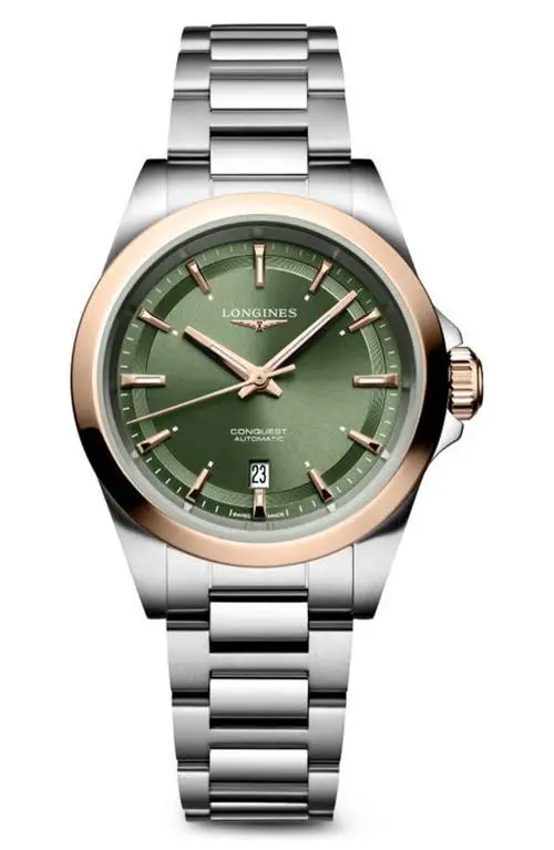 LONGINES Conquest 18k Rose Gold Bezel Automatic Bracelet Watch - Green