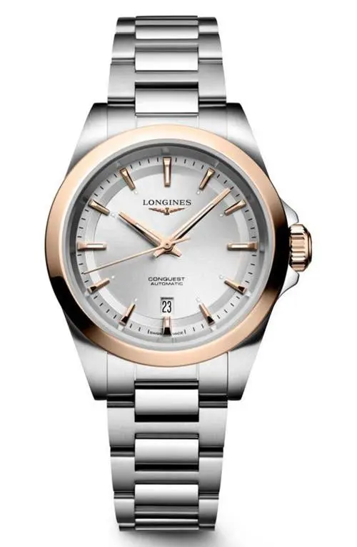 LONGINES Conquest 18k Rose Gold Bezel Automatic Bracelet Watch - Silver