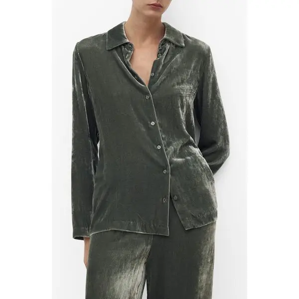 Mango Velvet Button-up Shirt - Green