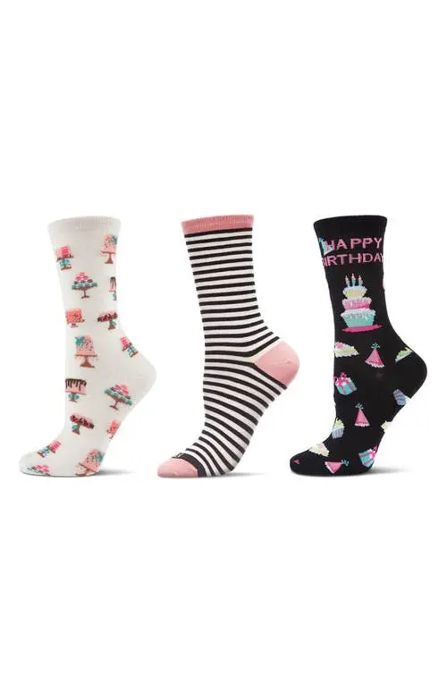 MEMOI Happy Birthday Crew Socks 3-pack - Black
