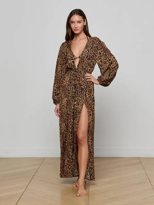 L'Agence Sara Maxi Cover-up Dress - Brown Multi Patch Leopard