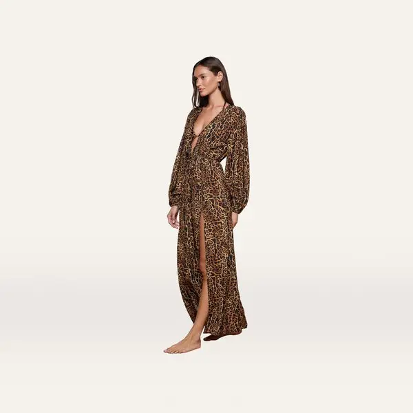 L'Agence Sara Maxi Cover-up Dress - Brown Multi Patch Leopard