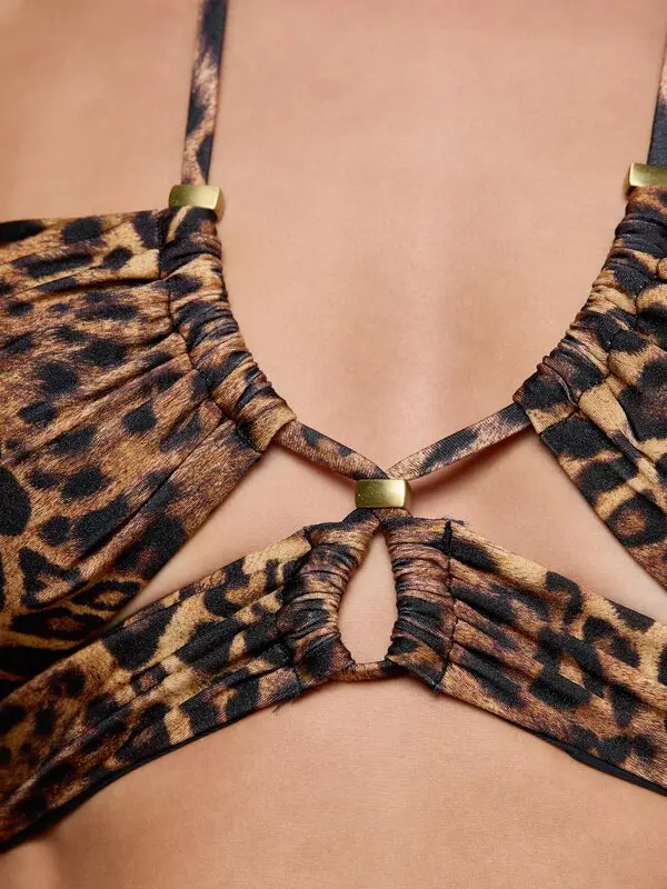 L'Agence Sirena Halter Bikini Top - Brown Multi Patch Leopard
