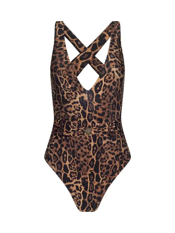 L'Agence Lisa Plunge One-piece Swimsuit - Brown Multi Patch Leopard