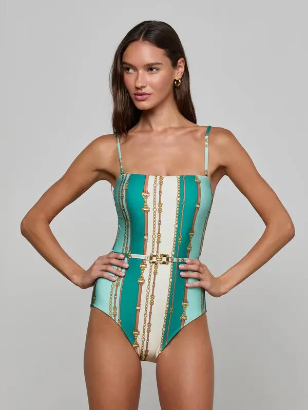 L'Agence Tory Bandeau One-piece Swimsuit - Light Sage Belt Stripe Print