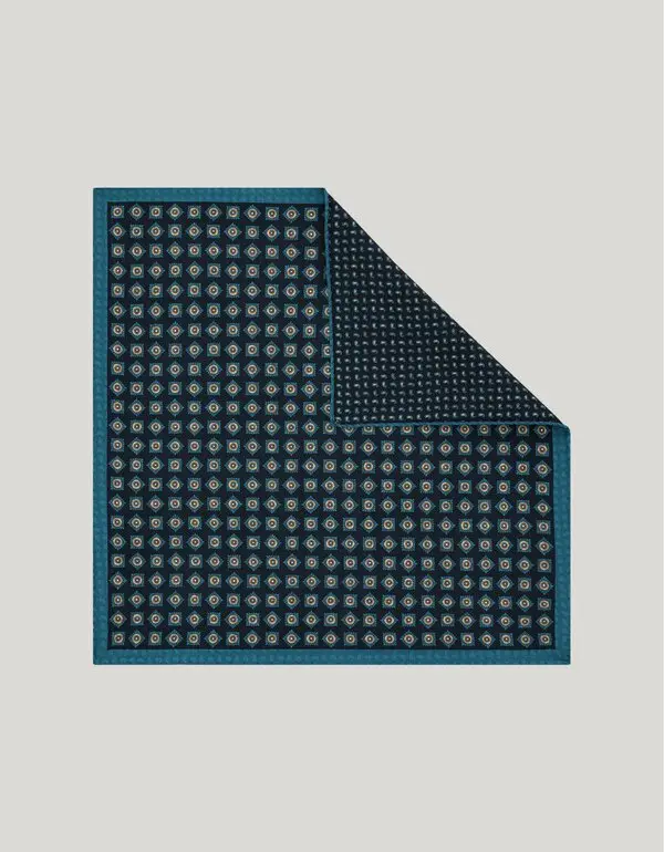 Canali Teal Silk Double Print Pocket Square - Blue
