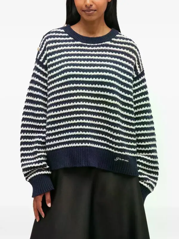 GANNI Striped Sweater With Button Detail - Blue