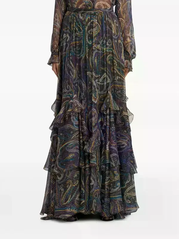Etro Silk Maxi Skirt With Paisley Foliage Motif - Black