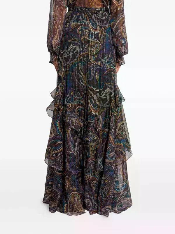 Etro Silk Maxi Skirt With Paisley Foliage Motif - Black