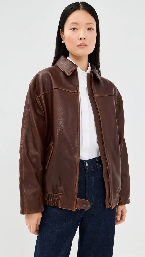 Simkhai Huntington Oversized Leather Jacket - Distressed Chocolate