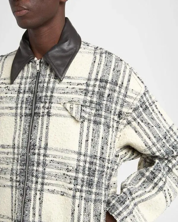 Bottega Veneta Leather-collar Check Bouclé Jacket - White