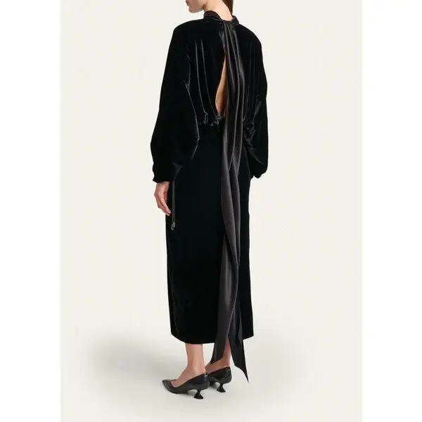LANVIN Ruched Bell-sleeve Velvet Maxi Dress