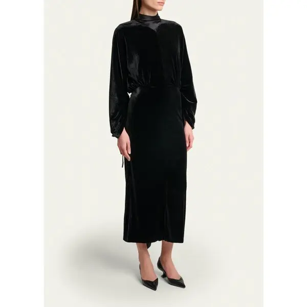 LANVIN Ruched Bell-sleeve Velvet Maxi Dress