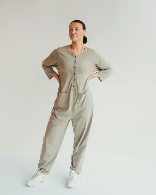 TURTLEDOVE LONDON Organic Cotton Mila Long Sleeve Jumpsuit - Stone