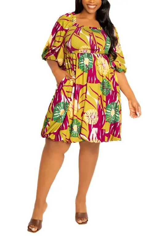 BUXOM COUTURE Floral Smocked Puff Sleeve Bubble Hem Dress