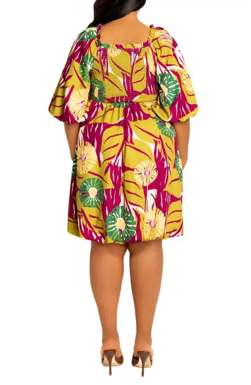BUXOM COUTURE Floral Smocked Puff Sleeve Bubble Hem Dress