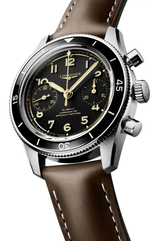 LONGINES Spirit Pilot Flyback Leather Strap Watch - Black