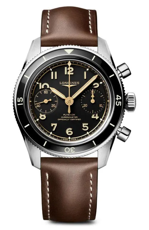 LONGINES Spirit Pilot Flyback Leather Strap Watch - Black