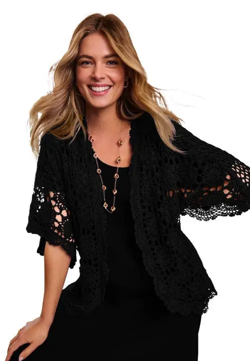 JESSICA LONDON Crochet Cardigan With Scalloped Trim - Black