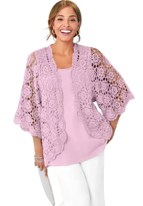 JESSICA LONDON Crochet Cardigan With Scalloped Trim - Pink