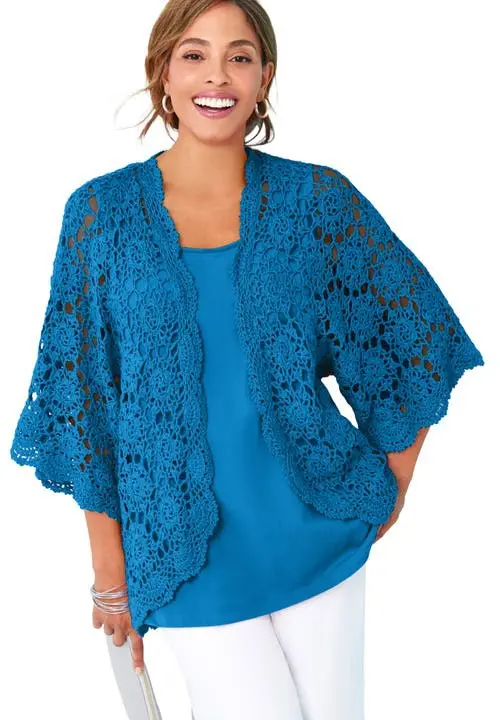 JESSICA LONDON Crochet Cardigan With Scalloped Trim - Pool Blue