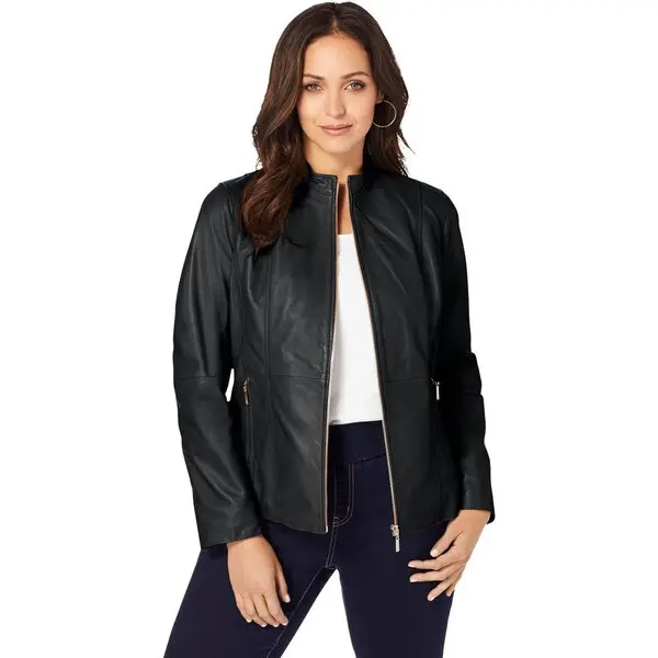 JESSICA LONDON Zip Front Leather Jacket - Black