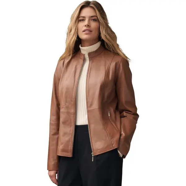 JESSICA LONDON Zip Front Leather Jacket - Cognac