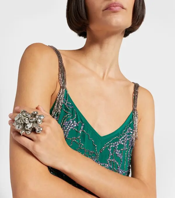 Dries Van Noten Beaded Silk Slip Dress - Green