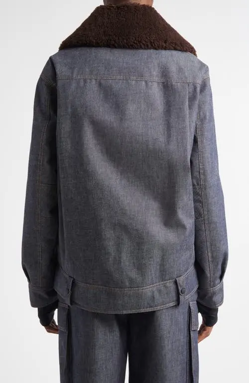Moncler Yunque Denim Down Trucker Jacket With Shearling Collar