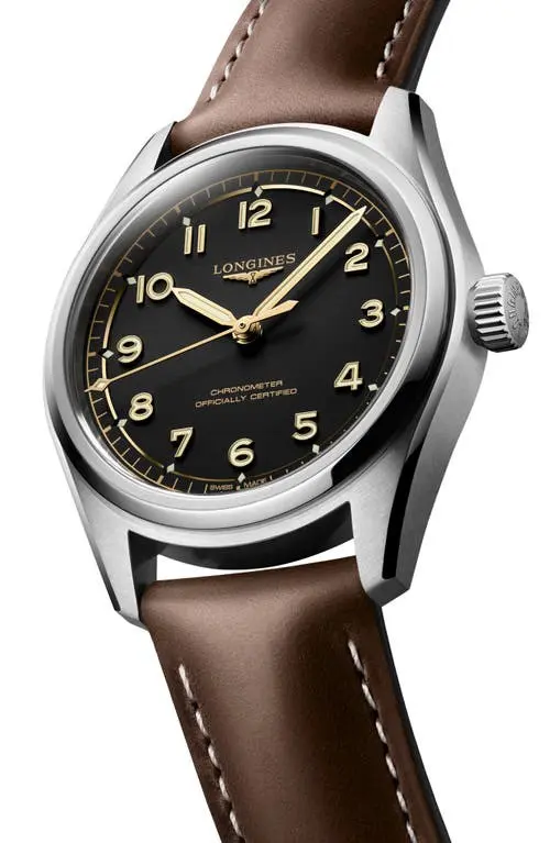 LONGINES Spirit Pilot Leather Strap Watch - Black