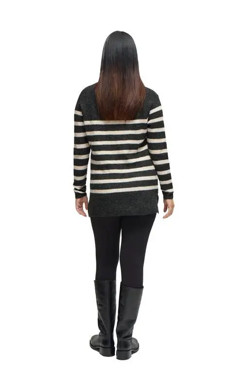 INGRID & ISABEL Raglan Maternity Mock Neck Striped Sweater - Charcoal/ivory