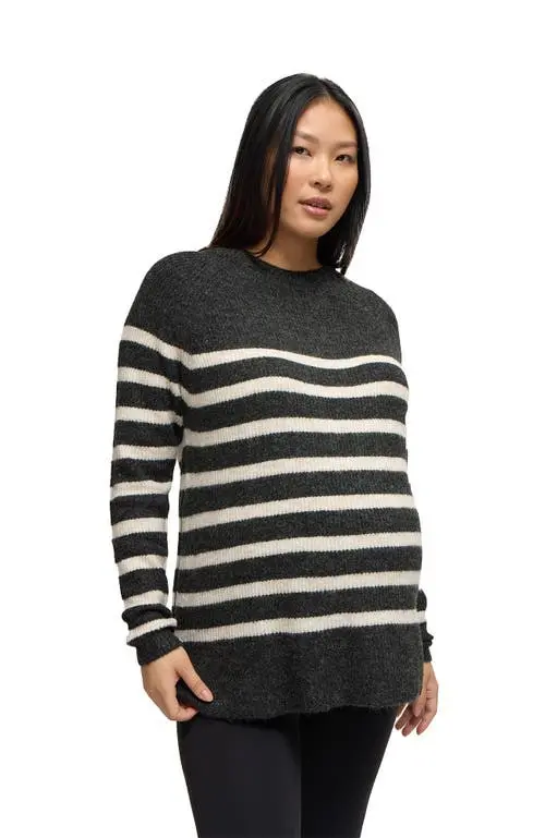 INGRID & ISABEL Raglan Maternity Mock Neck Striped Sweater - Charcoal/ivory