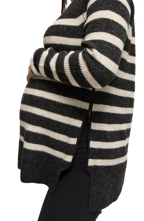 INGRID & ISABEL Raglan Maternity Mock Neck Striped Sweater - Charcoal/ivory