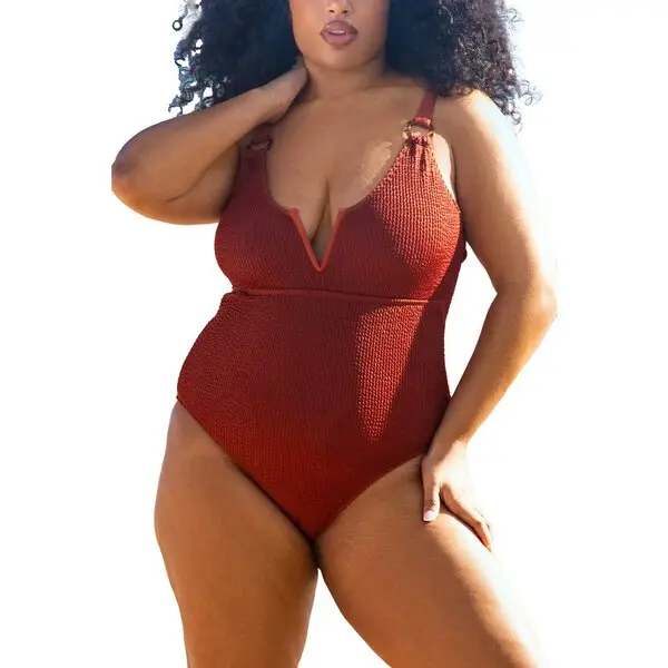 FASHION-SZN CURVE Trim Detail Crinkle One-piece Swimsuit - Brown