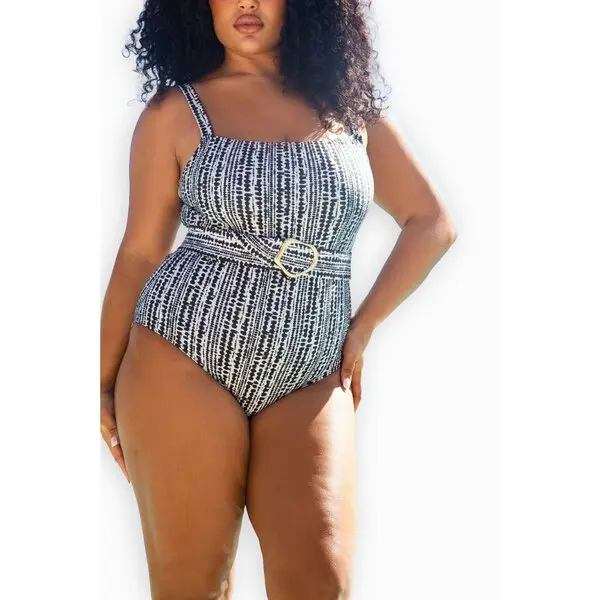 FASHION-SZN CURVE Square Neck Belted One-piece Swimsuit - Black