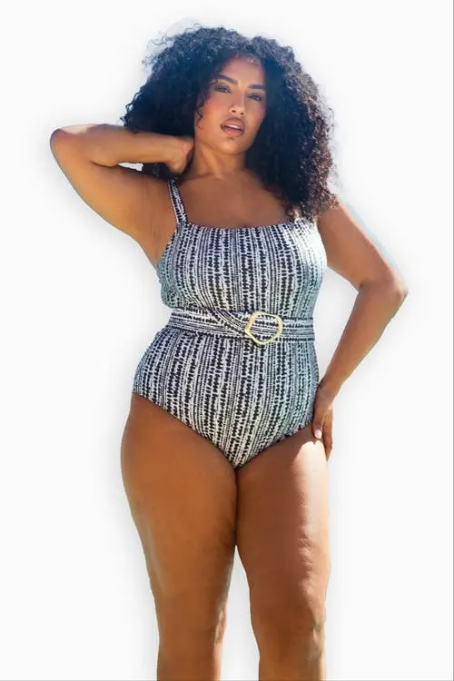 FASHION-SZN CURVE Square Neck Belted One-piece Swimsuit