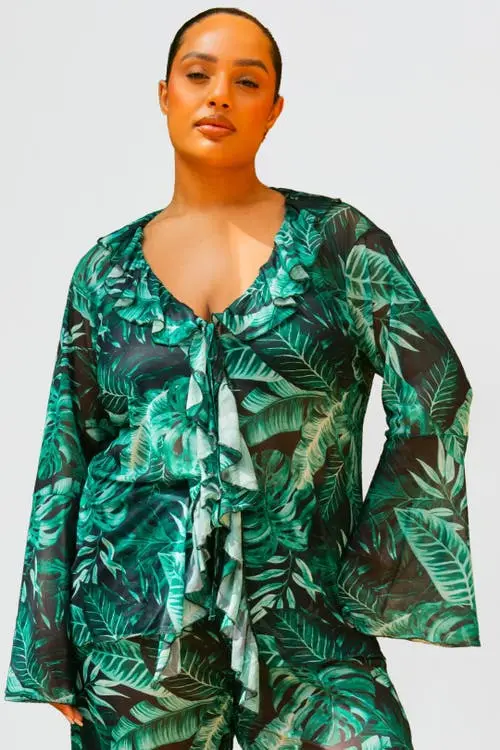 FASHION-SZN CURVE Palm Print Ruffle Top - Green
