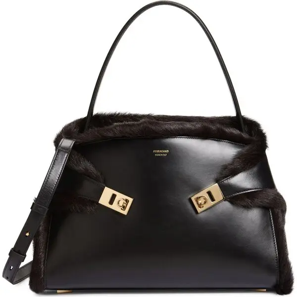 FERRAGAMO Hug Leather Satchel With Shearling Trim