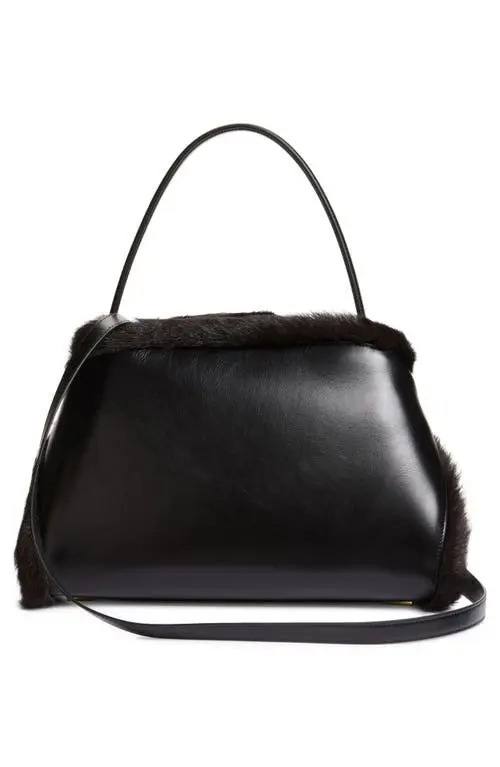 FERRAGAMO Hug Leather Satchel With Shearling Trim