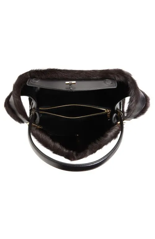 FERRAGAMO Hug Leather Satchel With Shearling Trim