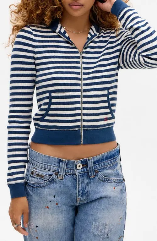 BDG URBAN OUTFITTERS Striped Waffle Stitch Crop Zip Hoodie - Navy