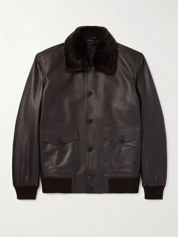Thom Sweeney Shearling-trimmed Leather Bomber Jacket - Brown
