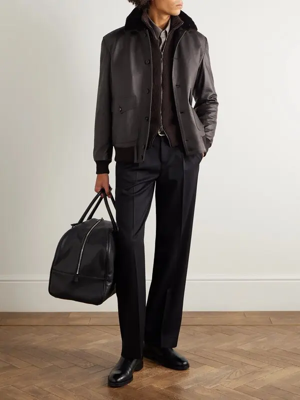Thom Sweeney Shearling-trimmed Leather Bomber Jacket - Brown