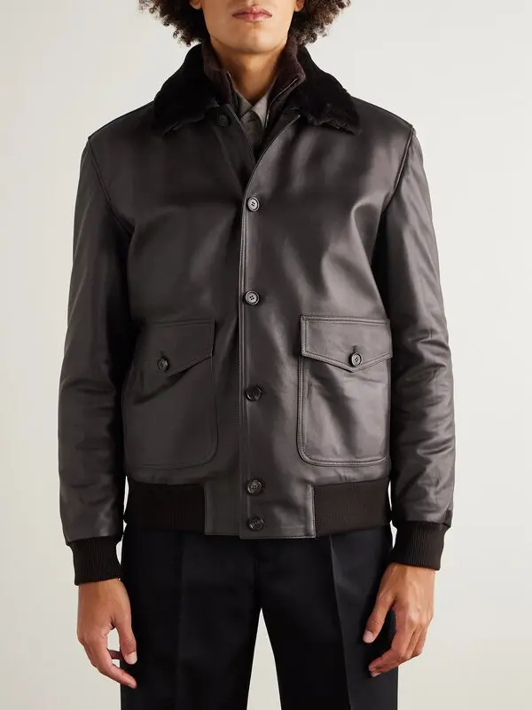 Thom Sweeney Shearling-trimmed Leather Bomber Jacket - Brown