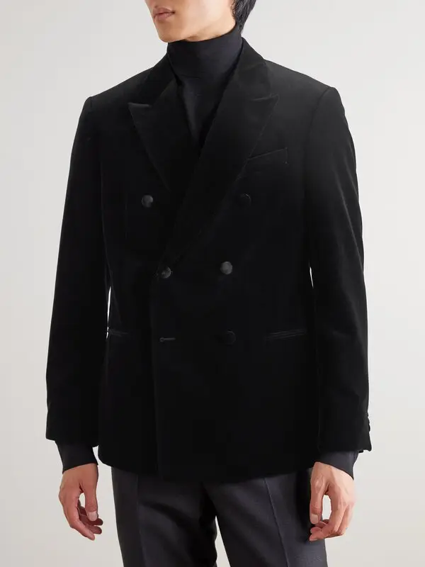 Mr P. Double-breasted Cotton-velvet Tuxedo Jacket - Black