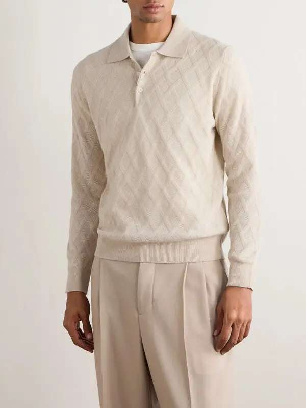 Canali Cable-knit Wool And Cashmere-blend Polo Shirt