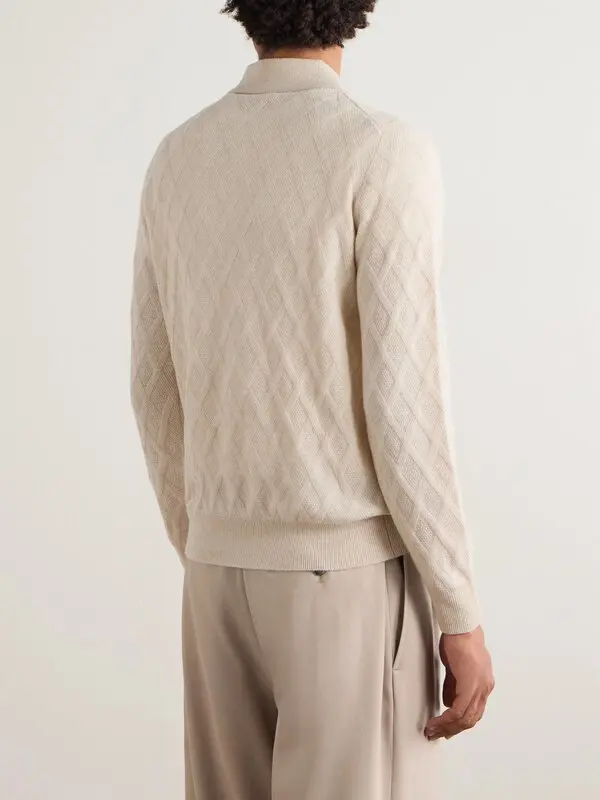 Canali Cable-knit Wool And Cashmere-blend Polo Shirt