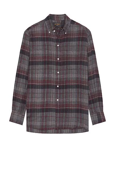 BEAMS Open Collar Brushed Satin Plaid Shirt