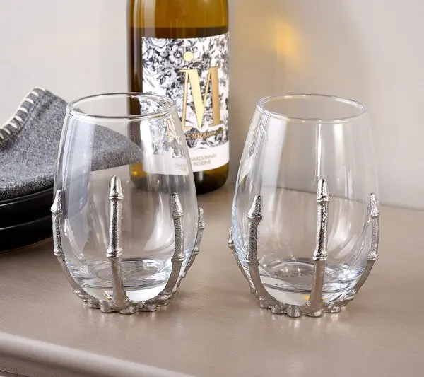 HOME REFLECTIONS As Is Set Of 2 Skeleton Hand Wine Glasses - One-color